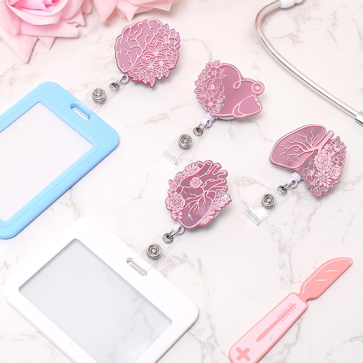 Xylolfsty Nurse Badge Reels Retractable Badge Holders with Alligator Clip Organ Heart Brain Patterns with Flowers Cute for RN Nurse Doctor Student Nursing Graduation Appreciation Gift 4PCS