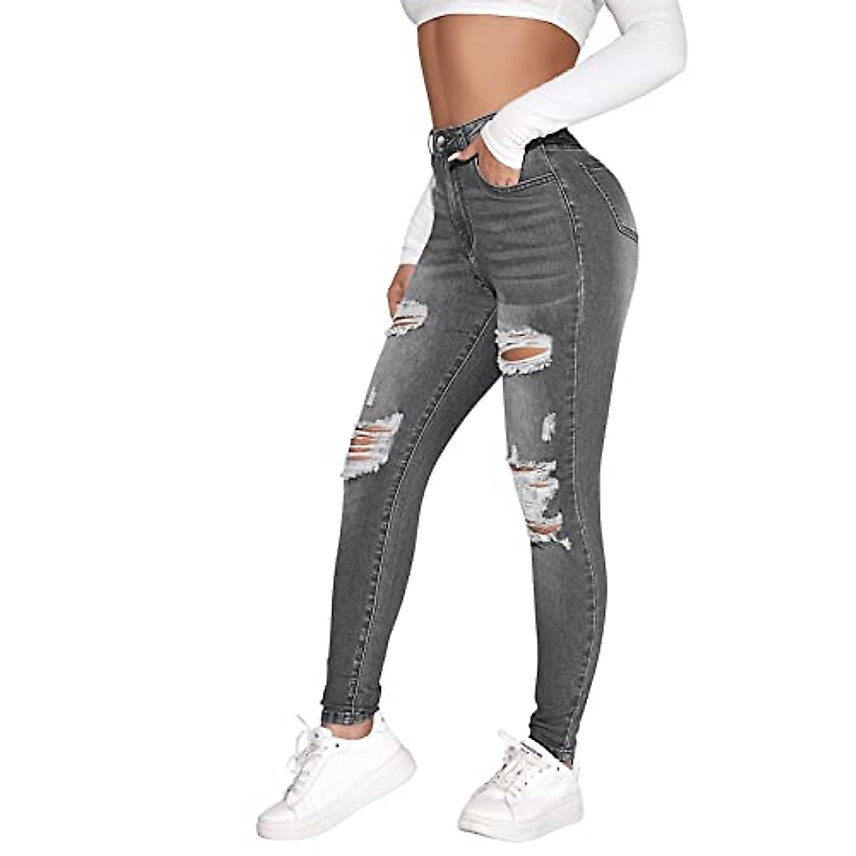 SweatyRocks Women's Casual High Rise Ripped Jeans Zipper Fly Skinny Denim Pants Grey M