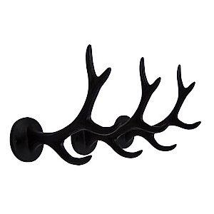 Wowser Four Point Black Deer Antler Cast Iron Wall Mount Coat Hooks, 5 1/2 Inch, Set of 3