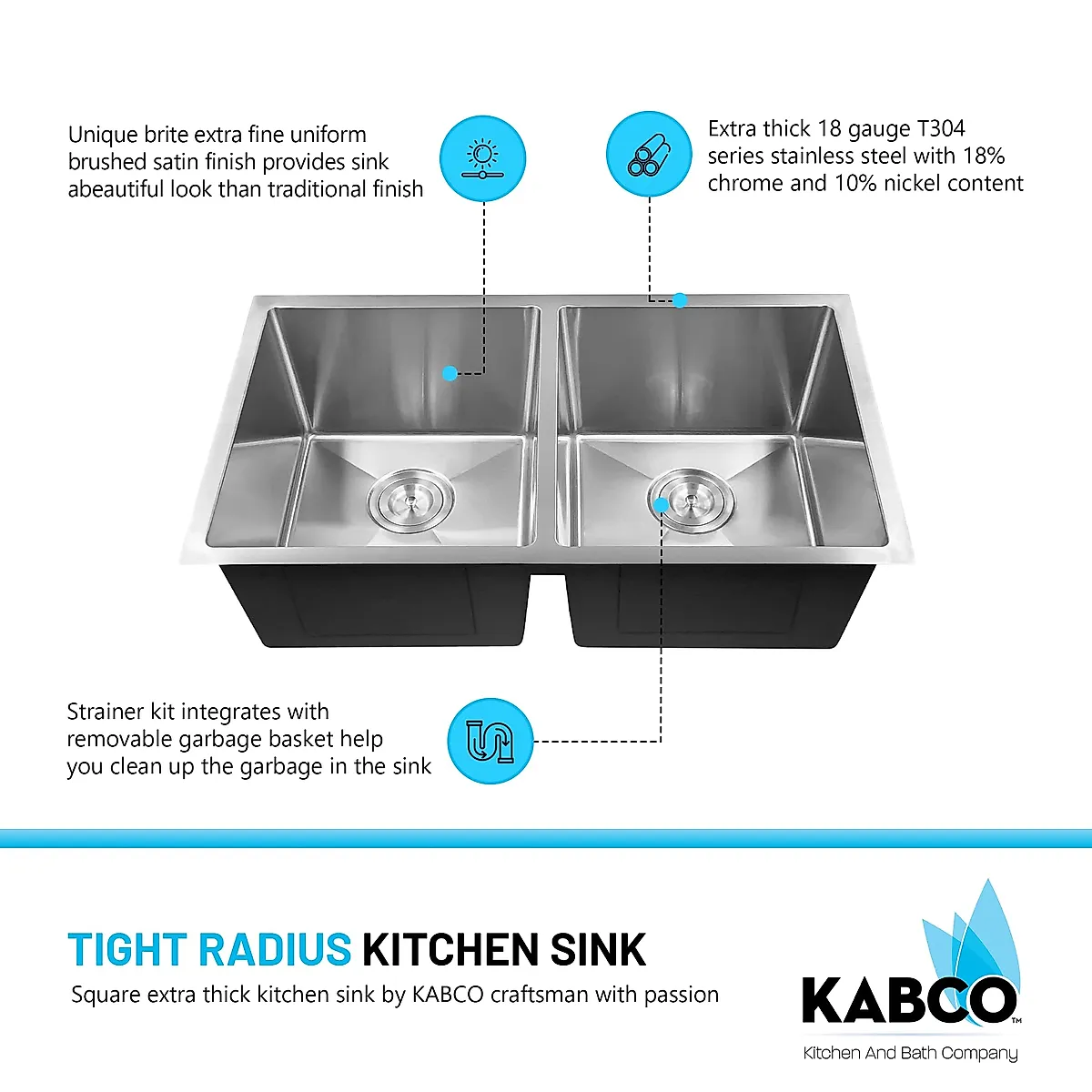 KABCO 18 Gauge 31 Inch Double Bowl Undermount Stainless Steel Kitchen Sink with 4 Pieces Sink Accessories, Rust Resistant Sound and Heatproof Laser Cut Tight Radius Sink for Indoor or Outdoor Kitchens