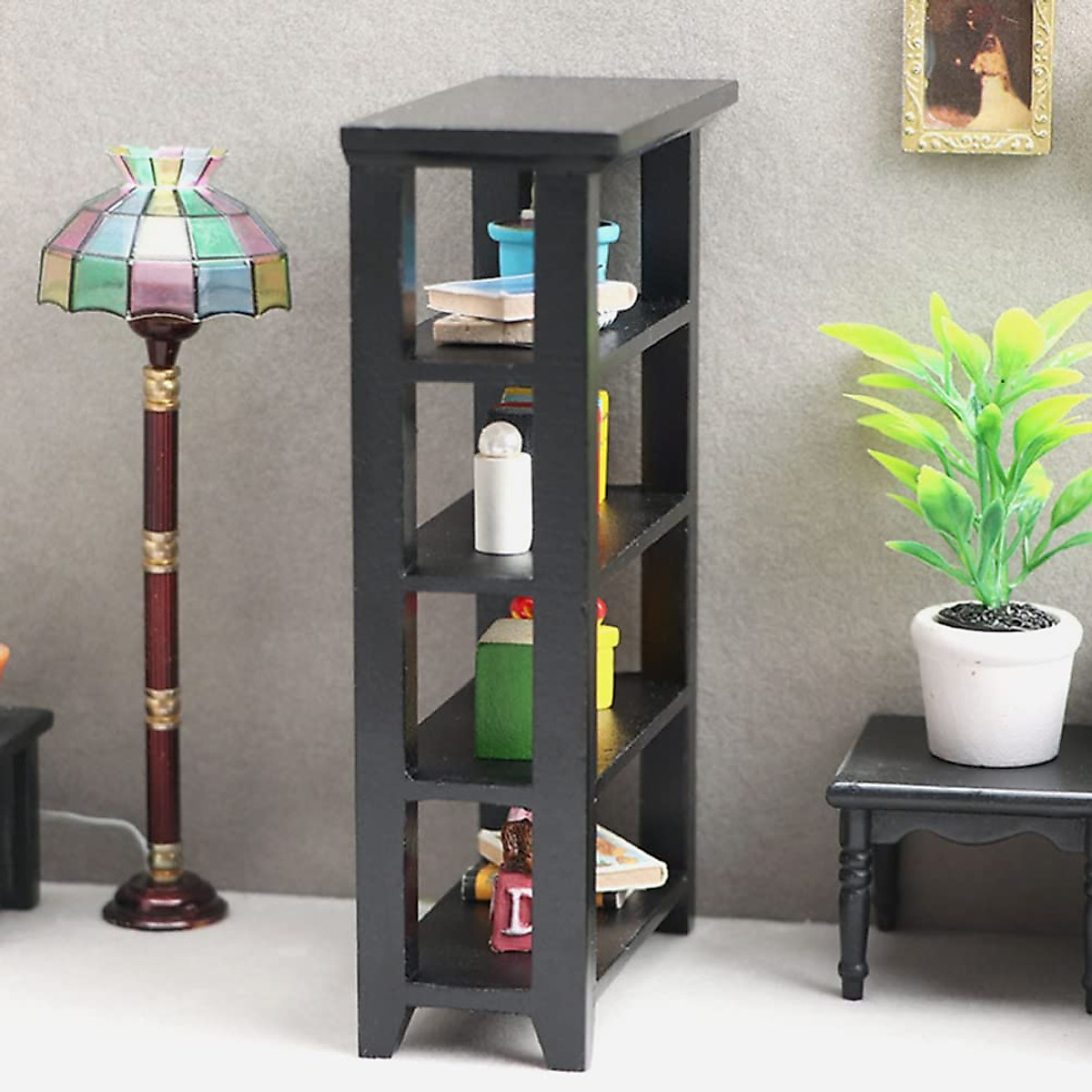 Toyvian Dollhouse Mini Bookshelf Model Miniature Display Bookcase Mini House Drawer Cabinet 4- Layer Wood Micro Scene Furniture DIY Storage Box