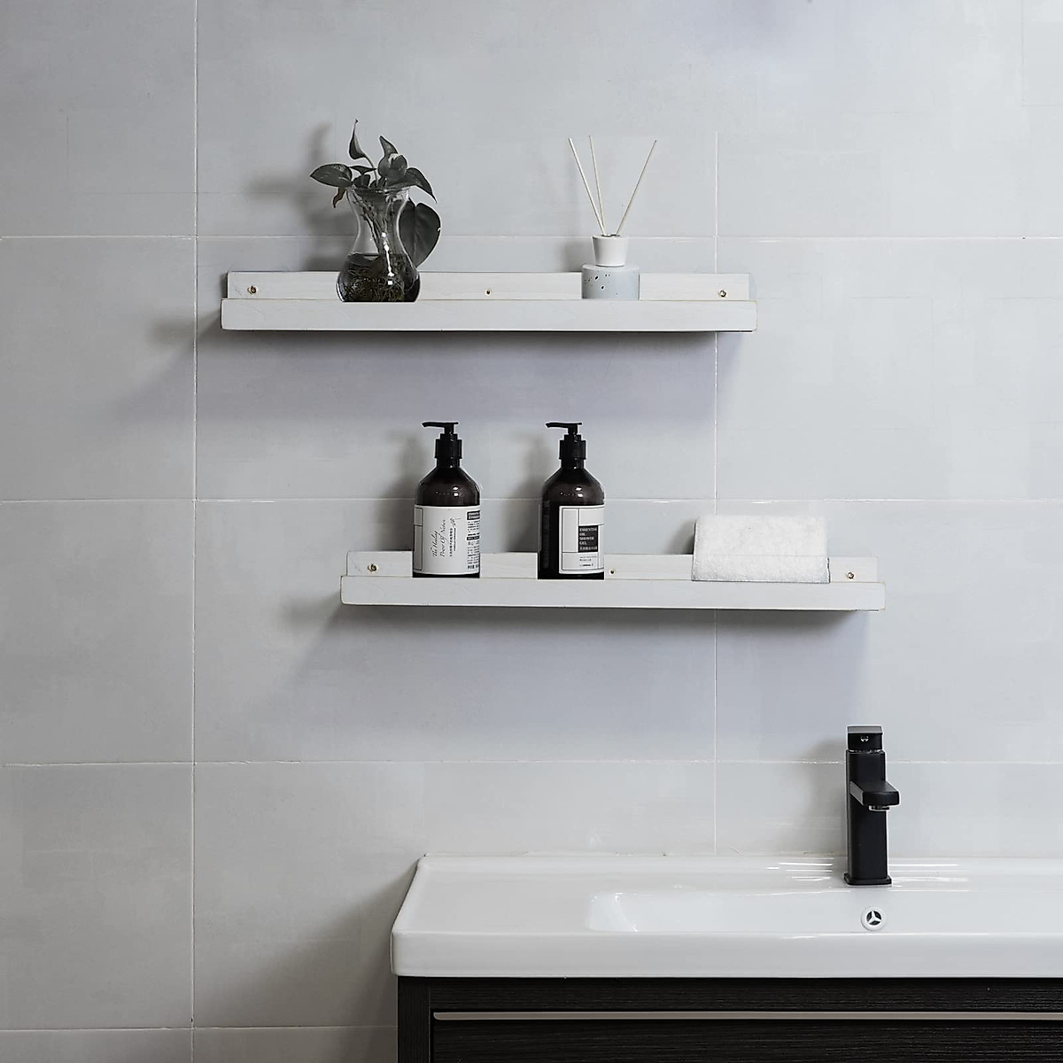 COLLECTIVE HOME - Floating Shelves Set of 2, Photo Picture Ledge Shelves, Rustic Wood Wall Mount Shelves for Bedroom, Living Room, Office, Kitchen, 23 Inch, White