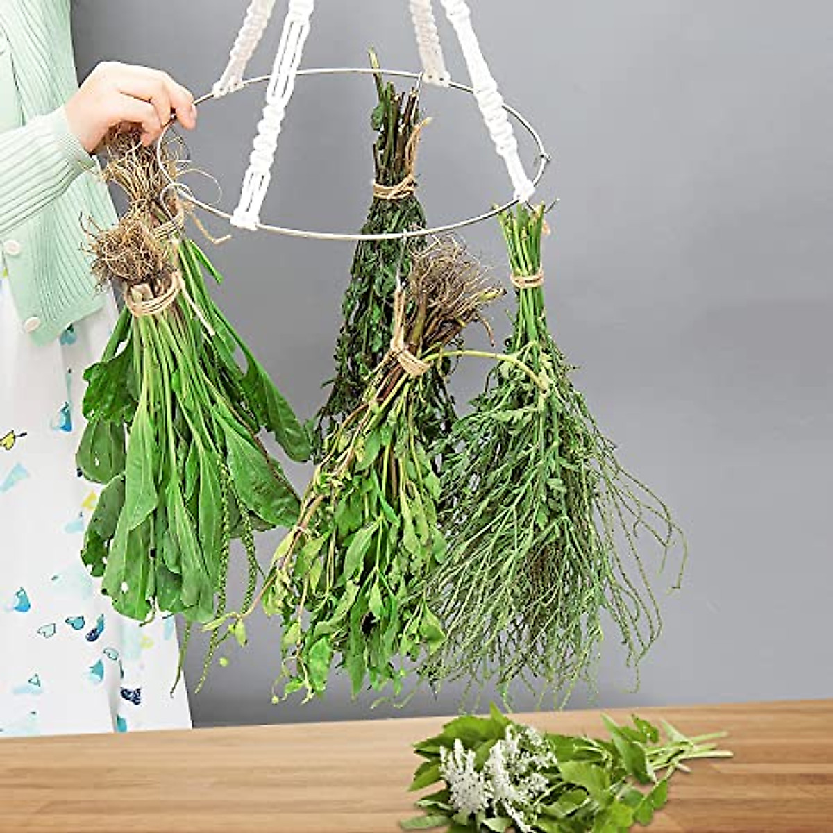 2 Pcs Hanging Drying Rack for Herbs - Macrame Mobile Flower Drying Hanger with 20 Herb Dryer Hooks, Boho Handcrafted Cotton Rope Chic Woven Herbal Drier with Wooden Hanging Ring for Hydroponic Plants