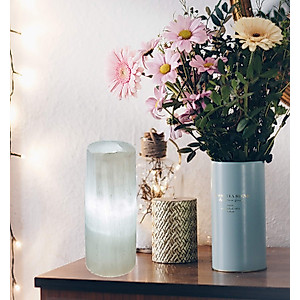 AMOYSTONE White Selenite Electric Lamp Natural Gemstones Crystals Light 3-4 lbs with Cord and Led Bulb Cylindrical 7"