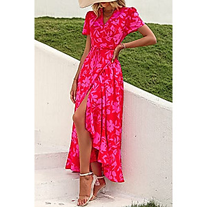 PRETTYGARDEN Women's Summer Wrap Maxi Dress Casual Boho Floral V Neck Short Sleeve Ruffle Hem Split Beach Long Dresses (Red Floral,X-Large)