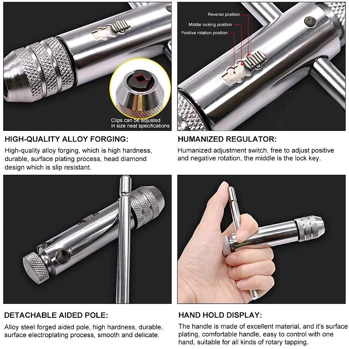 Yosoo Adjustable T-Handle Ratchet Tap Holder Wrench?Household Alloy Steel Silver Adjustable T Type One-Hand Ratchet Wrench Adjustable Tap Wrench T-Handle Tap Wrenches (M5-12 Short)