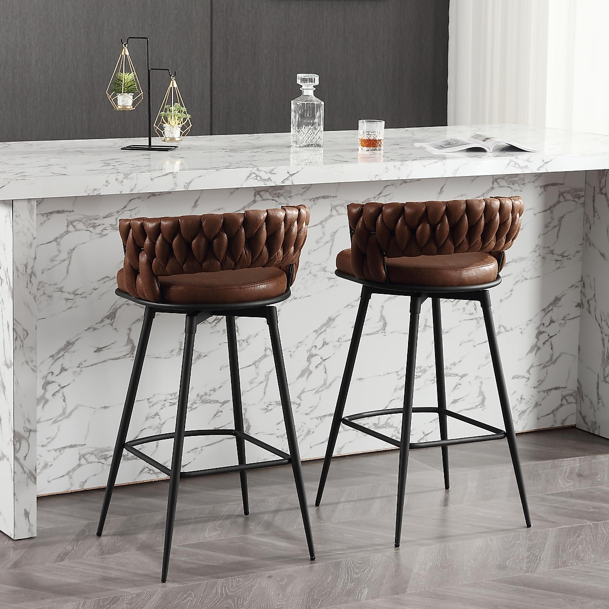 BFZ Modern Bar Stools Set of 2, 30" Bar Height Barstools, 180° Swivel Suede Fabric Stool Chairs with Woven Back and Footrest for Kitchen Island, Cafe, Pub, Bar Counter