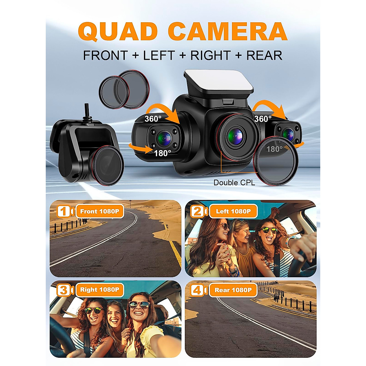 PRUVEEO Dash Cam, 4 Channel Camera FHD 1080Px4, Front Left Right and Rear, Front and Rear Inside, Built-in GPS WiFi, Polarizing Lens CPL Filter, Free 128GB Card, Double CPL