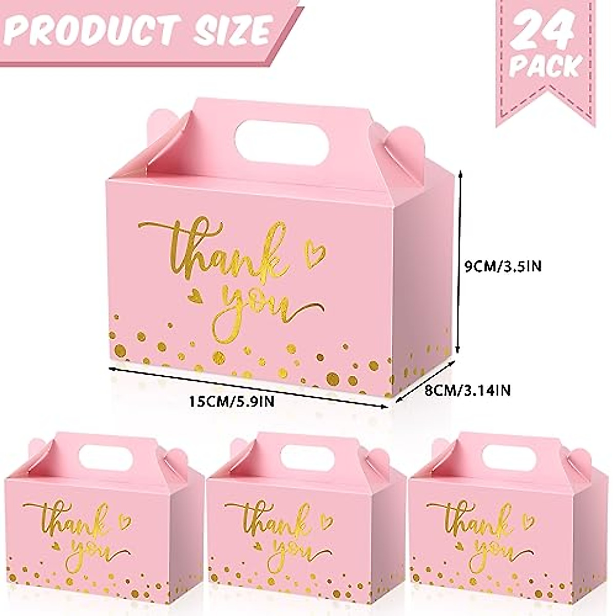 Seajan 24 Pieces Thank You Gable Boxes in Bulk Pink Gold Goodie Candy Boxes with Handle Party Gift Treat Boxes for Baby Shower Wedding Birthday Party Favors Packing, 5.9 x 3.2 x 3.5 Inch