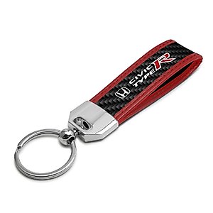 iPick Image Made for Honda Civic Type R Real Carbon Fiber Strap with Red Leather Stitching Edge Key Chain