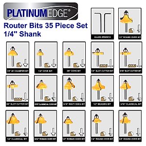 PLATINUMEDGE Router Bits Set, Tungsten Carbide Router Bits Set 1/4 Shank, Router Bit Kit for DIY, Woodworking Project, 35 Piece Set with Premium Aluminum Carry Storage Case