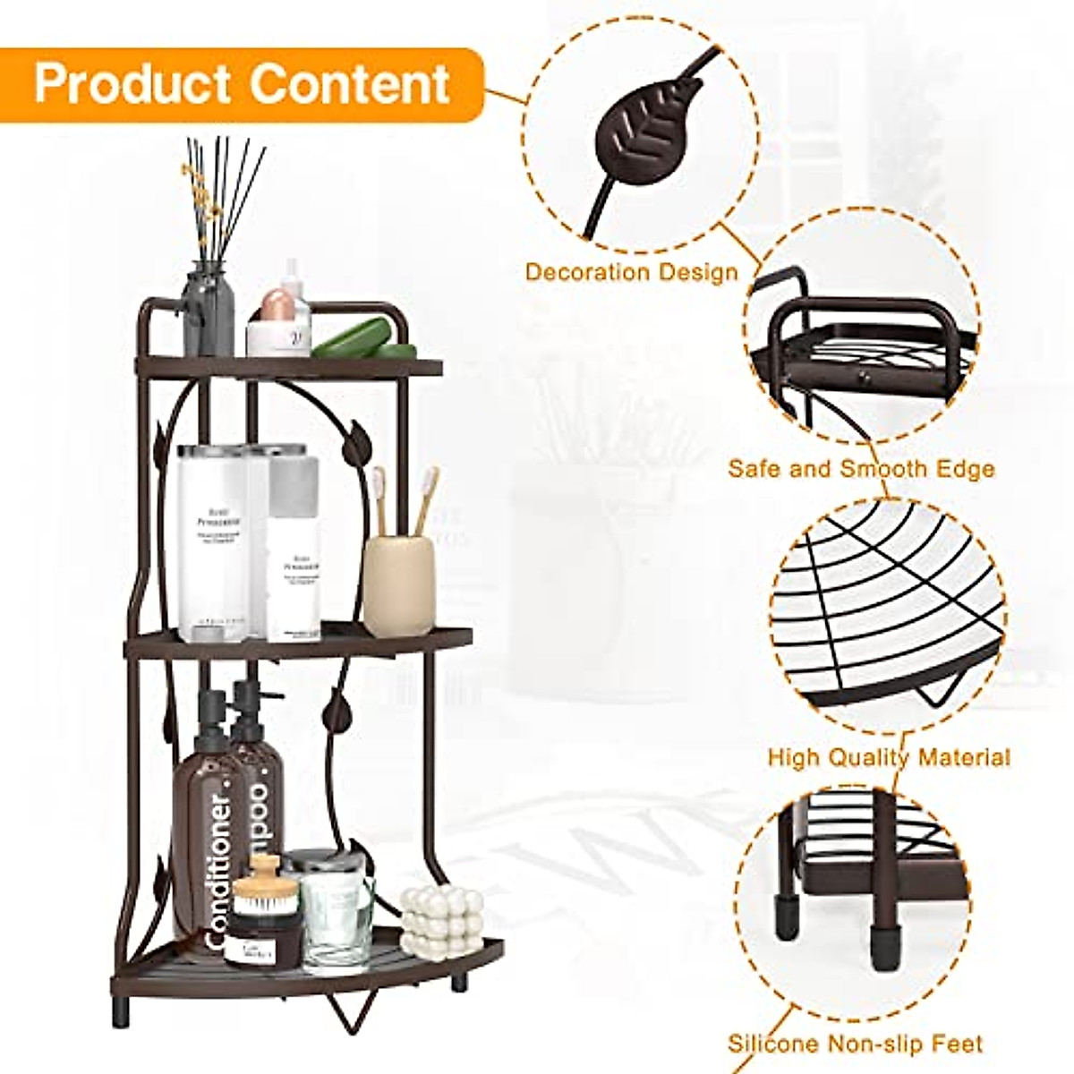 Msoesticc.dl 3 Tier Bathroom Organizer Countertop with Cabinet Liner, Bathroom Counter Organizer Corner Shelf Stand for Kitchen Pantry Living Room - Non-Slip & Free-Standing