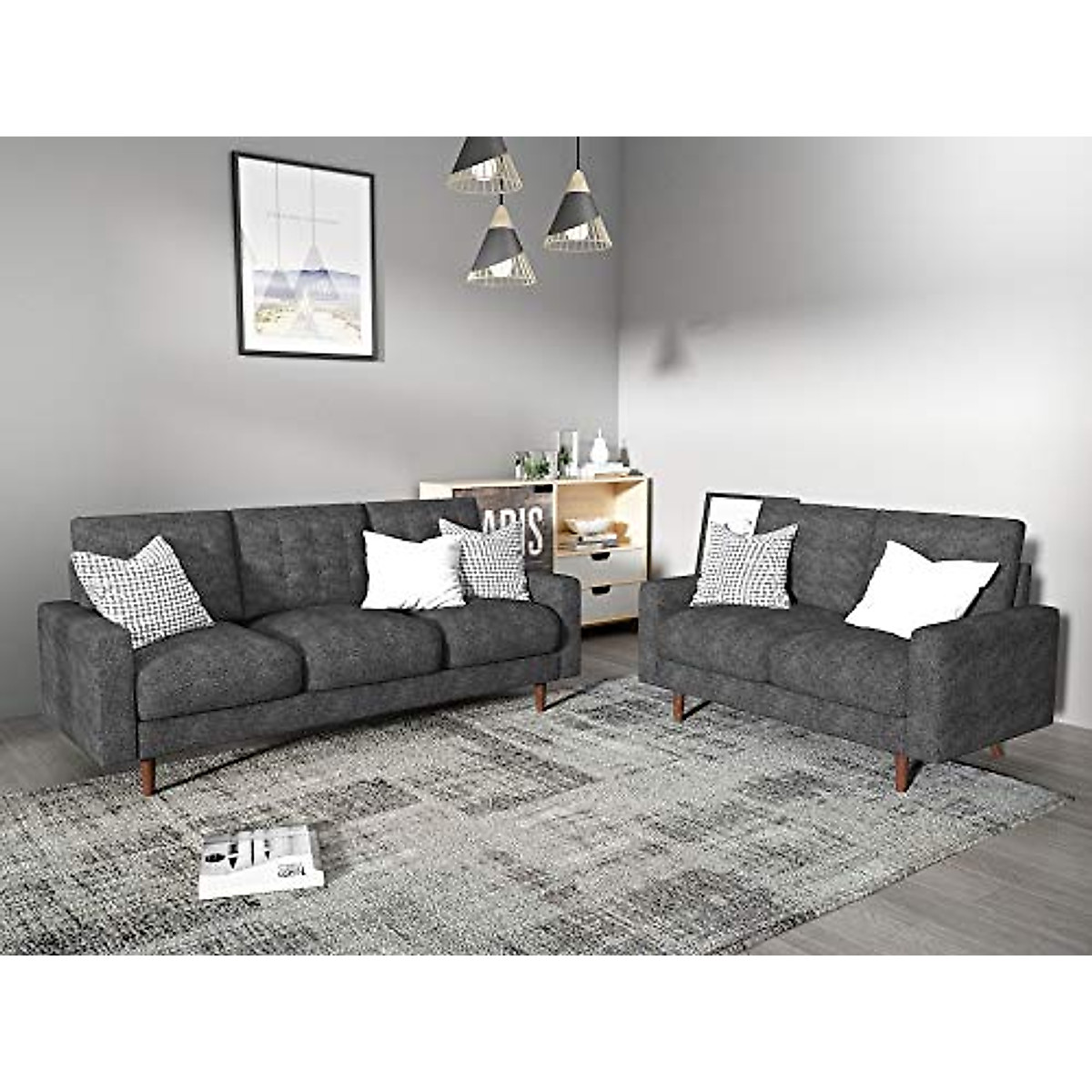 Container Furniture Direct Matte Velvet Mid Century Modern Tufted Living Room Sofa, 71.7", Grey