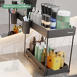Regoia Under Sink Organizer and Storage 2 Pack with 1 Sponge Holder for Kitchen Sink, 2-Tier Sliding Bathroom Organizers and Storage, Kitchen Countertop Organization with Hooks and Hanging Cup, Black
