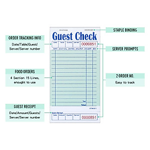 DGBDPACK Guest Check Books for Servers, 5 Pack of EP-3632-1 Server Note Pads, Thick Server Paper with Guest Receipt, Waitress Notepads - 250 Orders Total (Green, 6.75"x3.5")