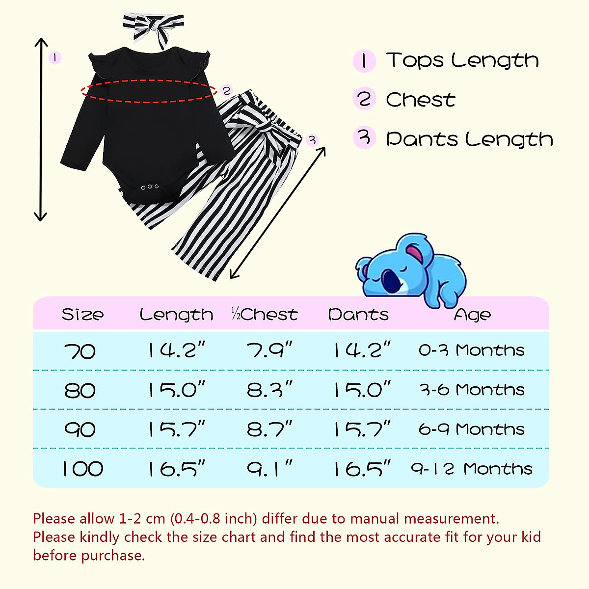 DREAM BUS Newborn Toddler Baby Girl Outfits Romper Ribbed Knitted Long Sleeve Cotton Striped Pants Black,3-6 Months