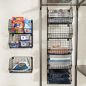 Aquzee Hanging Baskets for Organizing, 5 Tier Wall Basket Storage for Kitchen, Wire Closet Organizer Shelves for Small Space, Multifunctional Wall Mounted Baskets for Laundry Room, Pantry, Fruit