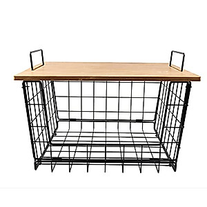Stackable Wire Storage Baskets, TOBEFORT Fruit Basket for Kitchen Large Metal Bin for Cabinet Pantry Organization and Storage, Nesting Rectangular Basket with Wood Lid, Black