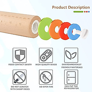 Yasashii Wood Rolling Pin With 4 Adjustable Thickness Rings, Non-stick Dough Roller For Baking, 17 Inch Pizza Roller For Kitchen supplies, Handle Press Design For Fondant, Pizza, Pie Crust, Cookie