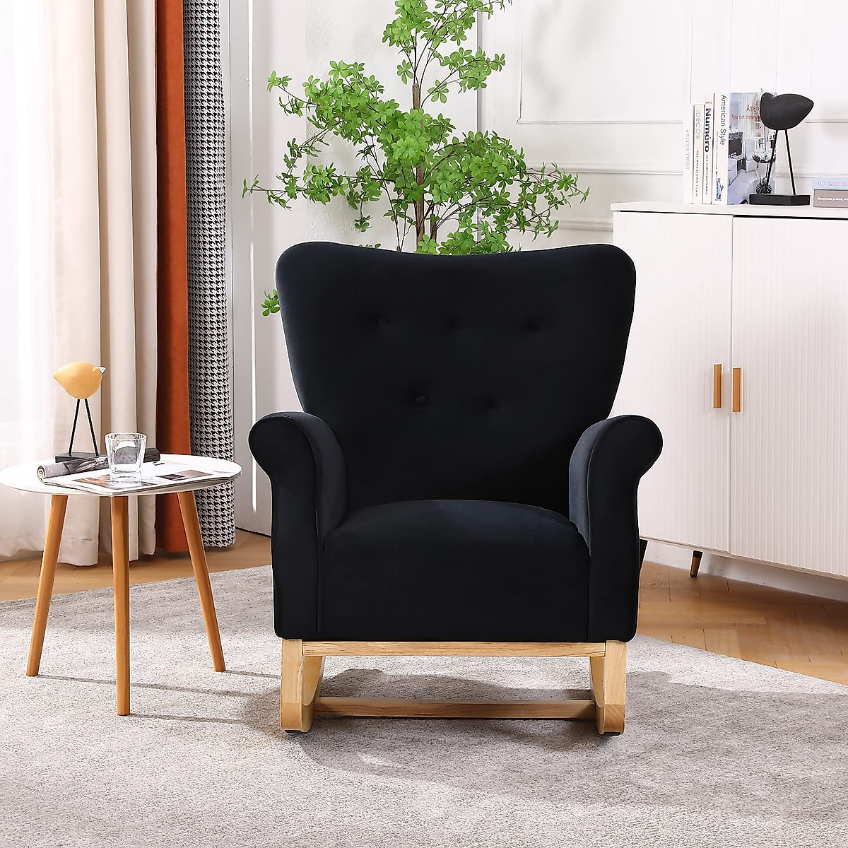 Rophefx Rocking Chairs for Baby Nursery Velvet Glider Rocker with Solid Wood Base Nursery Rocker with High Backrest, Black
