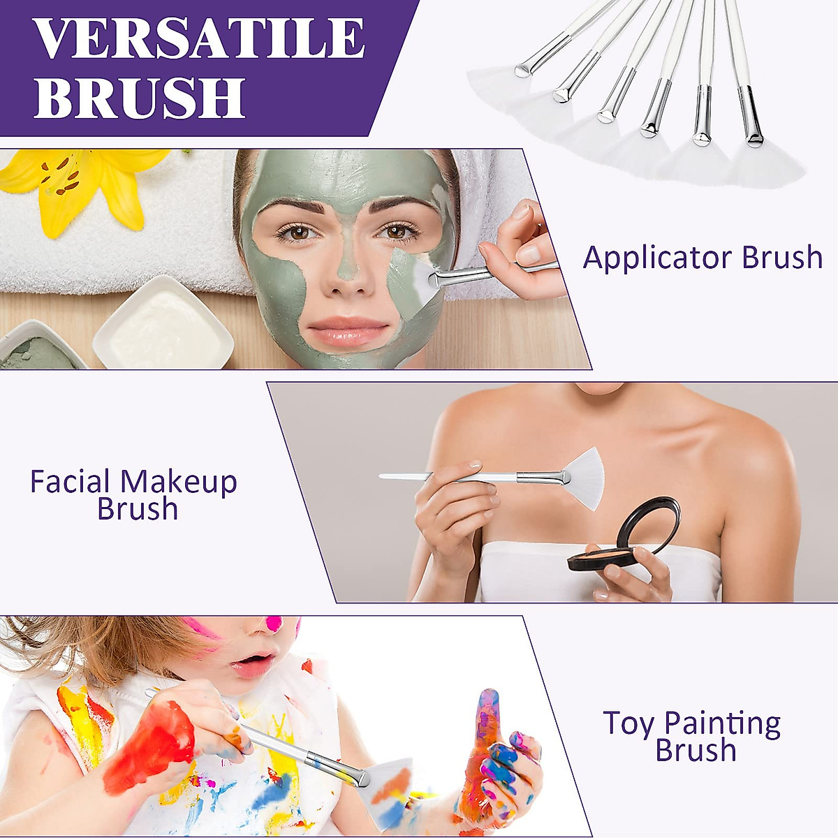 Maitys 6 Pieces Fan Mask Brushes Soft Fan Facial Mask Applicator Tools Brush Makeup Brushes Cosmetic Tools with Handle for Makeup Women(White Hair)