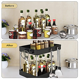 Under Sink Organizers and Storage, 2 Tier Storage Under Cabinet Bathroom Kitchen Organization and Storage with 4 Hooks, Multi-Purpose Under Sink Storage for Bathroom Kitchen, Black