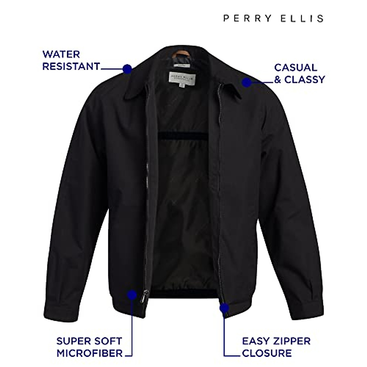 Perry Ellis Men?s Jacket ? Casual Lightweight Water Resistant Microfiber Windbreaker Golf Coat (S-XL), Size Medium, Black
