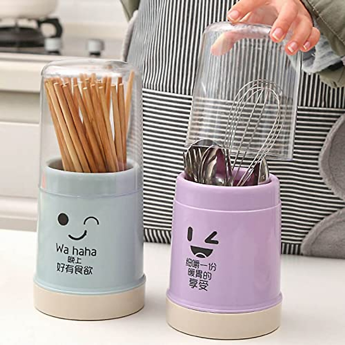 Cute Kitchen Utensil Holder for Countertop and Plastic Drainage Chassis Tableware Storage Container,Chopstick Holder Storage, Standing Cutlery Storage Organizer Caddy with Dustproof(pink)