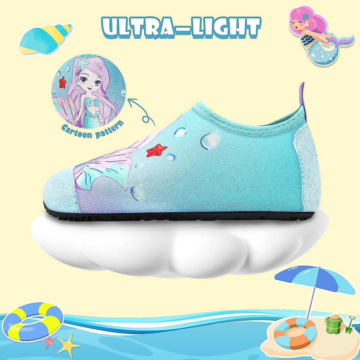 Kids Water Shoes Girls Boys Outdoor Quick Dry Barefoot Aqua Socks for Toddler Sport Beach Swim Surf Green Mermaid 1-2 Big Kid