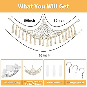 Stuffed Animal Net or Hammock Stuffed Animal Storage with Led Extra Large Stuffed Animal Net Boho Toy Hammock for Stuffed Animals Plush Cream Toy Storage Holder for Kids Bedroom (White)