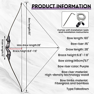 OBTOUTDOOR Archery Takedown Longbow 60inch 20lbs-60lbs Right Hand Traditional Wood Hunting Bows for Target Shooting Practice (40)