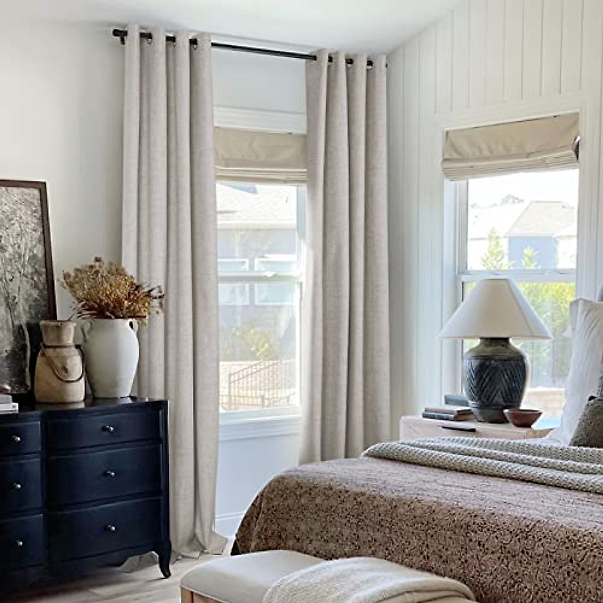 Rose Home Fashion 100% Linen Blackout Curtains for Bedroom Windows, Blackout Curtains 84 Inches Long for Living Room/Farmhouse, Linen Textured Look Drapes with Blackout Liner - (50x84 Beige)