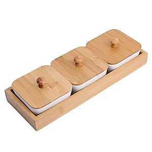 Ceramic Snack Serving Tray Compartment Serving Platter with Bamboo Lid and Pallets Removable Container Food Storage for Appetizer Condiments Nuts(3 Grid)