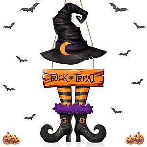 BBTO Halloween Door Sign Halloween Witch Door Decorations Halloween Wreath Trick or Treat Wooden Hanging Decorations Halloween Porch Sign Door Hanger for Farmhouse Front Door Porch Wall Decor