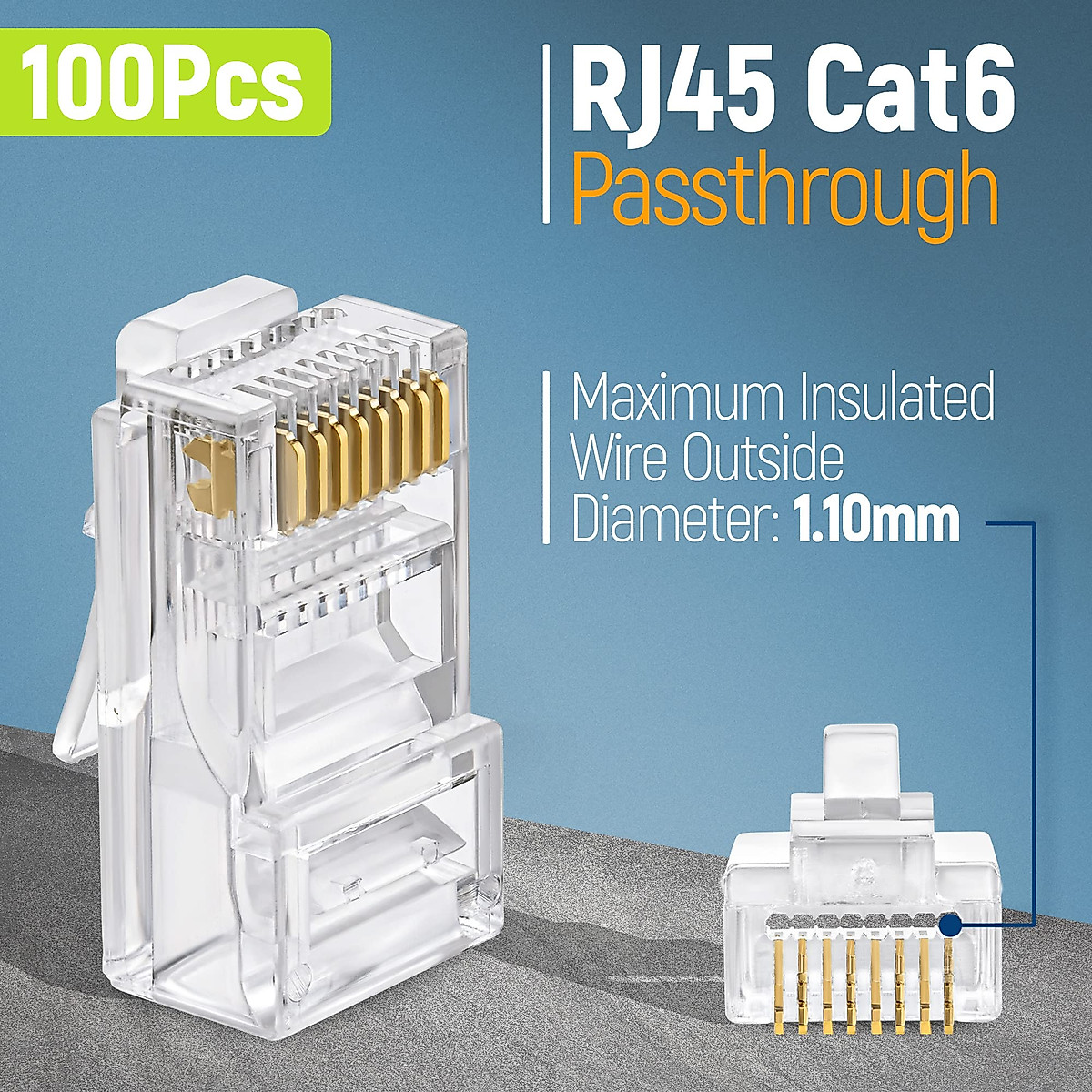 GTZ Cat6 RJ45 Pass Through Connector 100-Pack - EZ Cat 6 Pass Through RJ45 Connectors - cat 6 connectors - Ethernet Connector - Ethernet Plug - for Solid or Stranded UTP Network Cable
