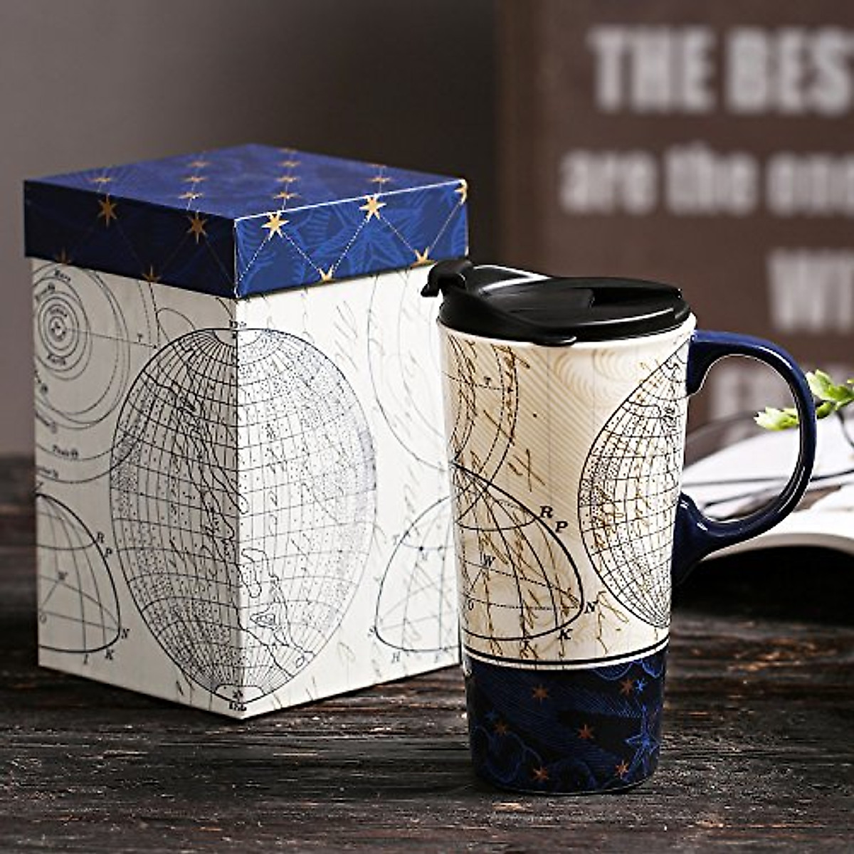 Topadorn Ceramic Travel Mug and Coffee Cup 17 oz. with Handle and Color Box,Starstruck