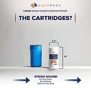Whole House Water Filter System Housing 10 x 4.5"" for Well Water - w/Wrench, Bracket & Pressure Gauge & Release (1" Port) and String Wound Sediment Filter - Compatible with Pelican Water THD-BB10