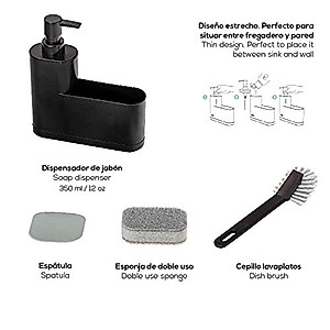 Vigar Rengo Monobloc 4-piece Sink Caddy Set, Includes Scrub Brush, Two-sided Sponge, Soap Dispenser and Scraper, Black