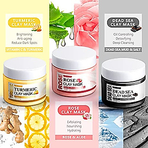 5 Pcs Face Mask Skin Care Set for Deep Pore Cleansing Turmeric Vitamin C Clay Mask, Dead Sea Mud Mask, Rose Clay Mask for Face Masks Skincare Personal Skin Care Products Gifts Headbands for Women