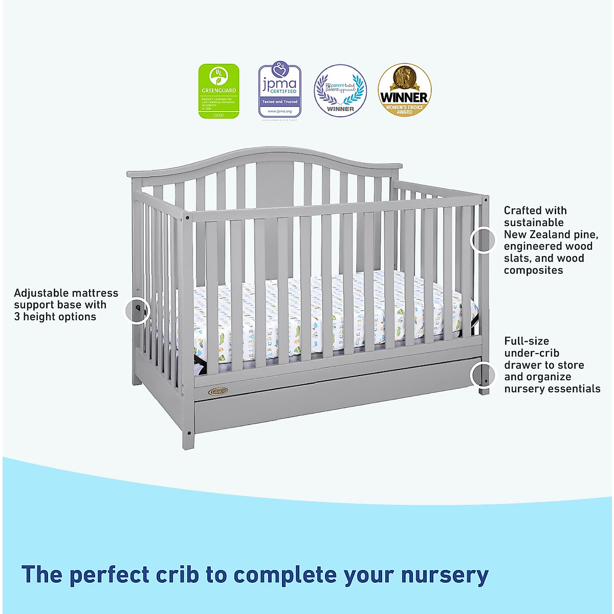 Graco Solano 4-in-1 Convertible Crib with Drawer (Pebble Gray) – GREENGUARD Gold Certified, Crib with Drawer Combo, Includes Full-Size Nursery Storage Drawer, Converts to Toddler Bed and Full-Size Bed
