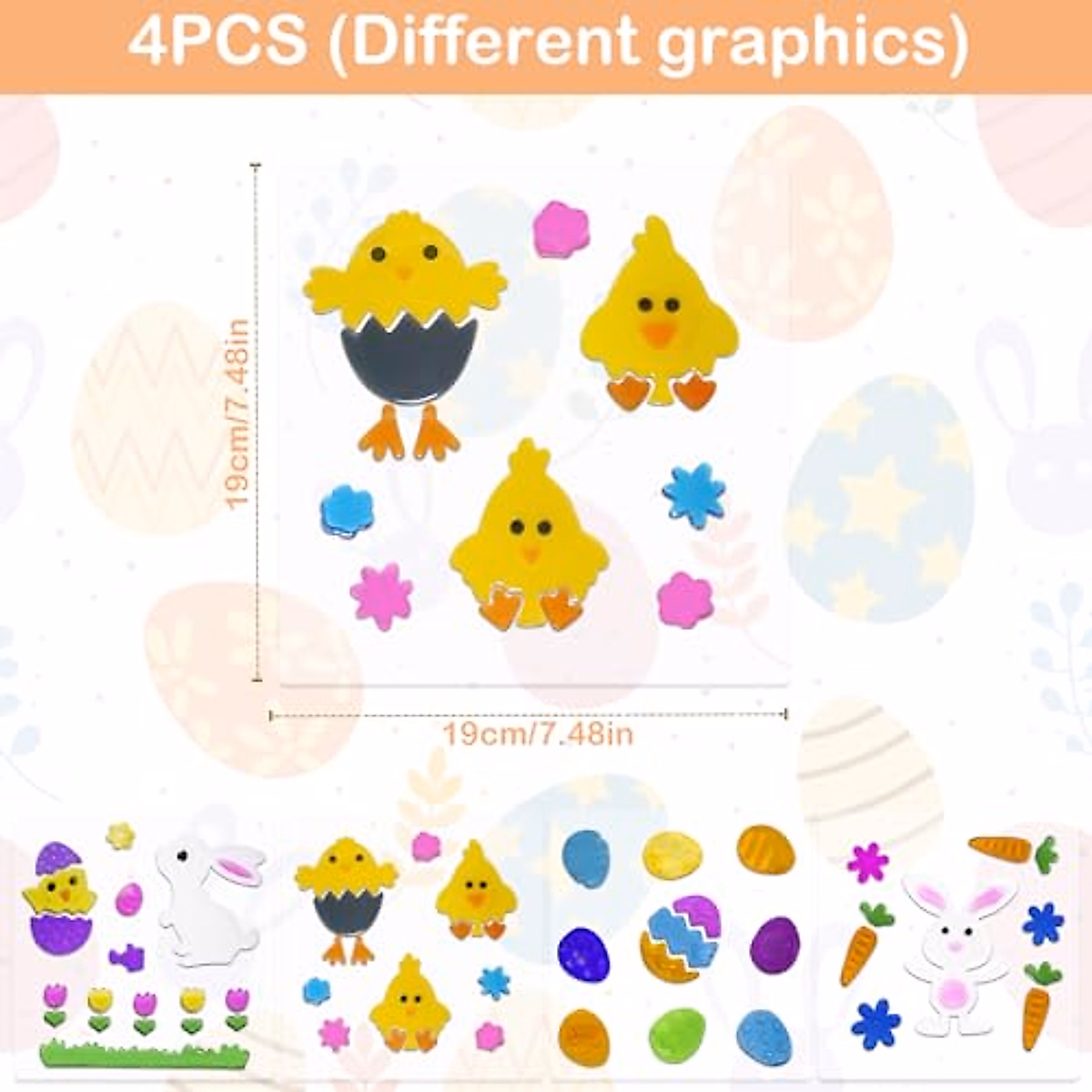 4Pcs Easter Window Clings for Glass Windows, Easter Decorative Gel Window Clings for Kids, Colorful Printed Easter Stickers with Bunny Carrot Egg Chick Flowers Clear Stickers, Removable Holiday Decals