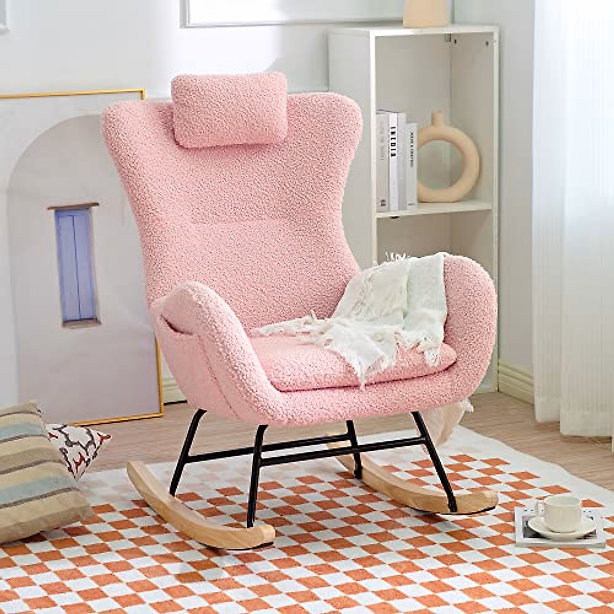 Morhome Upholstered Nursery Rocking Chair-Comfy Glider Rocker with Padded Seat, High Backrest, and Armrests for Living Room Bedroom Offices, Pink