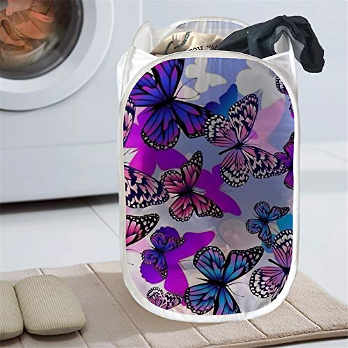 Howilath Purple Butterfly Collapsible Fabric Laundry Hamper, Foldable Clothes Bag, Folding Washing Bin - L