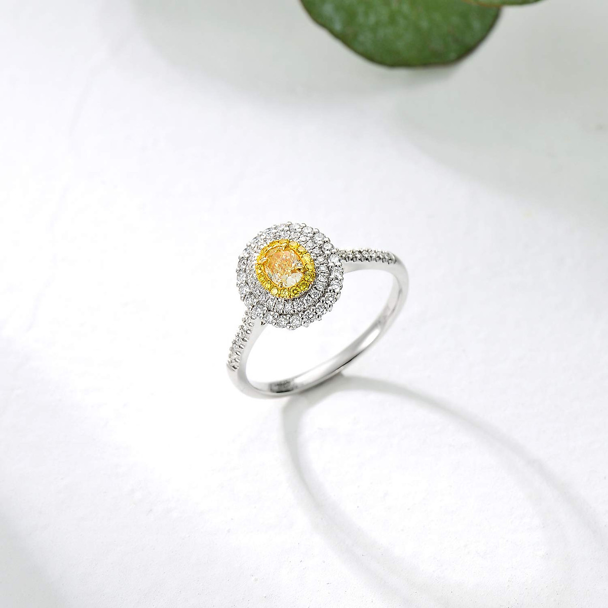 MRENITE Solid 18kt White Gold Genuine Natural Canary Yellow Diamond Ring Classic Oval Halo Cluster Engagement Ring (0.66cttw, FVY Color VVS1 Clarity 0.31ct. Center)