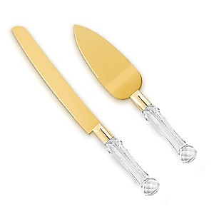 Homi Styles Wedding Cake Knife and Server Set | Plastic Faux Crystal Handles & 420 Stainless Steel Titanium gold plated Blades | Cake Cutting Set for Wedding Cake, Birthdays, Anniversaries, Parties