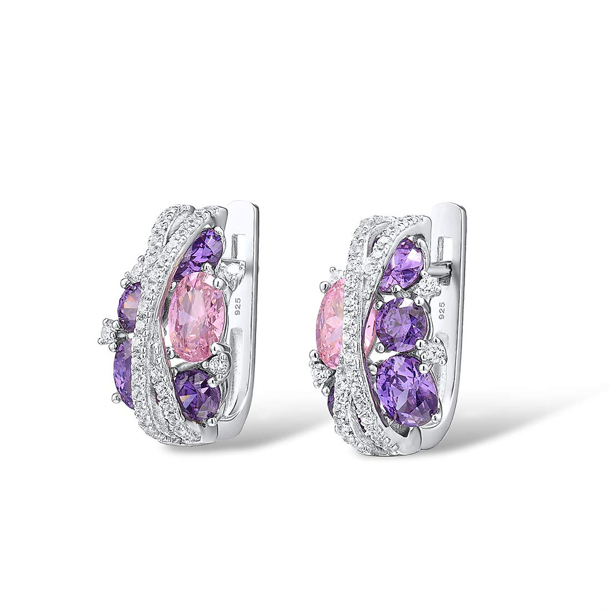 Santuzza 925 Sterling Silver Twist Dangle Earrings Amethyst Pink Cubic Zirconia Drop Earrings for Women