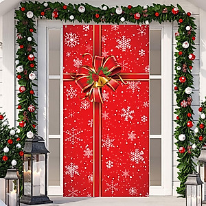 Christmas Door Cover Box Red Door Cover Decor Snowflake Present Box Door Hanging Banner Photography Backdrop Outdoor Sign for Xmas Winter Holiday Front Door Porch Home Party Supplies