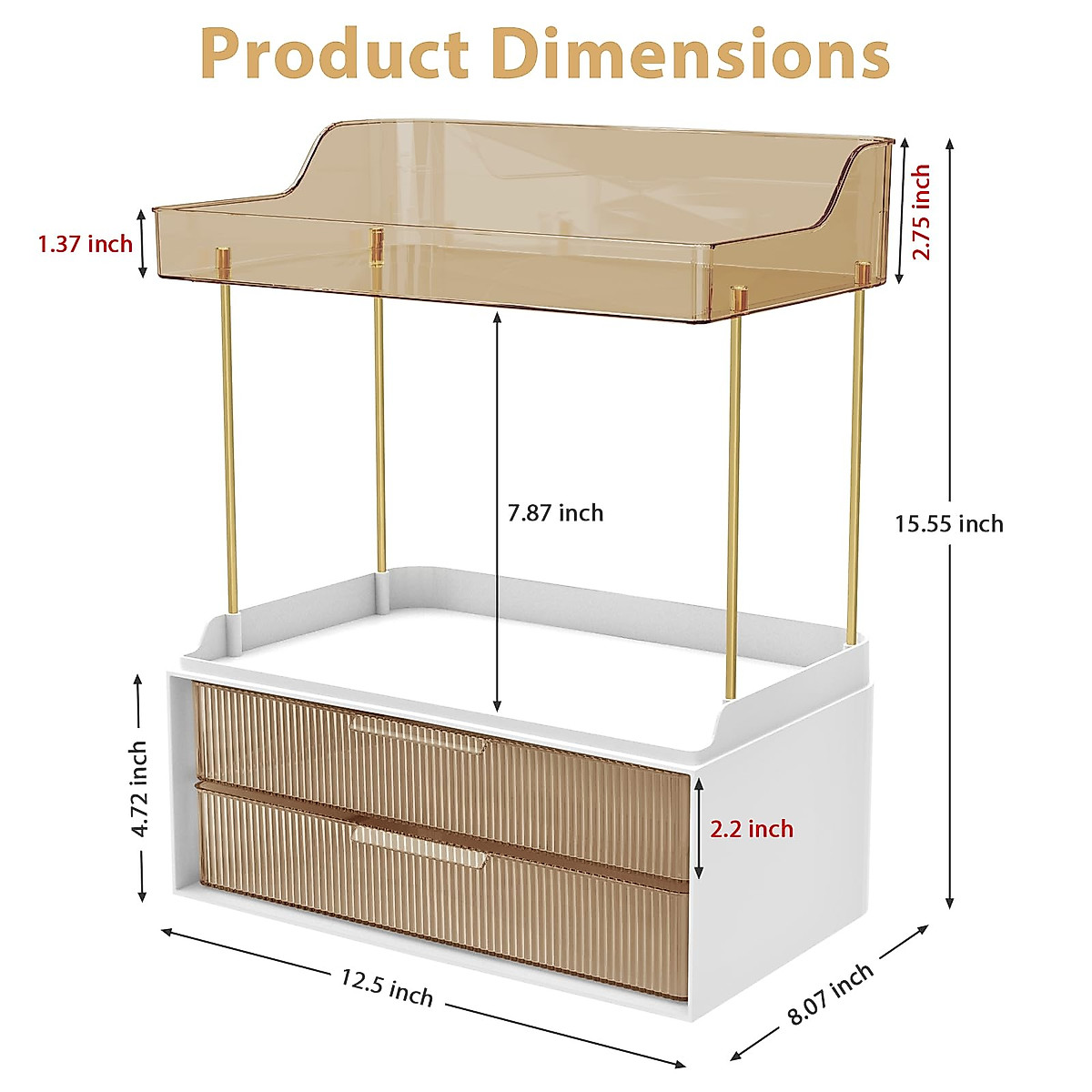 Webetop Bathroom Counter Organizer, Large Makeup Organizer Countertop, Multi-Purpose Vanity Organizer Countertop with 2 Drawers for Storage, Cosmetics, Perfume, Toiletry (Amber)