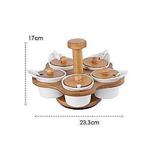 Ceramic Condiment Jar Pots 5 pcs Set durable Round Shape Seasoning Jar with Holder,Spoon and Bamboo Lids for Home Kitchen