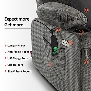 MCombo Dual Motor Power Lift Recliner Chair with Massage and Heat for Elderly People, Infinite Position, USB Ports, Cup Holders, Fabric 7680 (Large-Regular, Grey)
